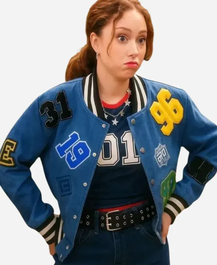 Carmen B. Sanchez Electric Bloom Jade Blue Denim varsity Jacket