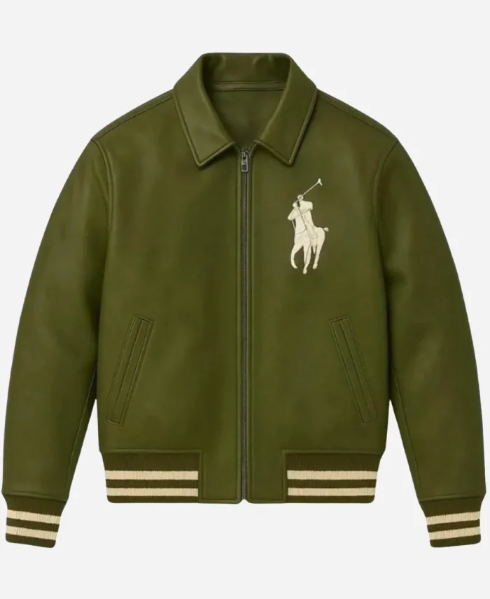 Polo Equestrian Rider Leather Bomber jacket - Olive Green