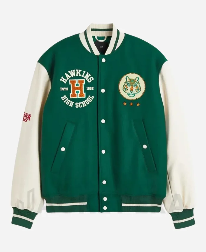 H&M x Stranger Things Hawkins Tigers Green Varsity Jacket